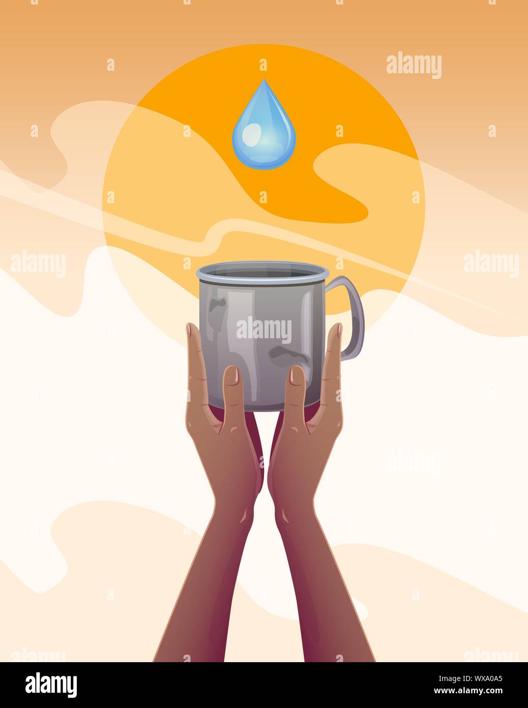 Water scarcity. hands with an empty mug, thirsty for water in a drought ...