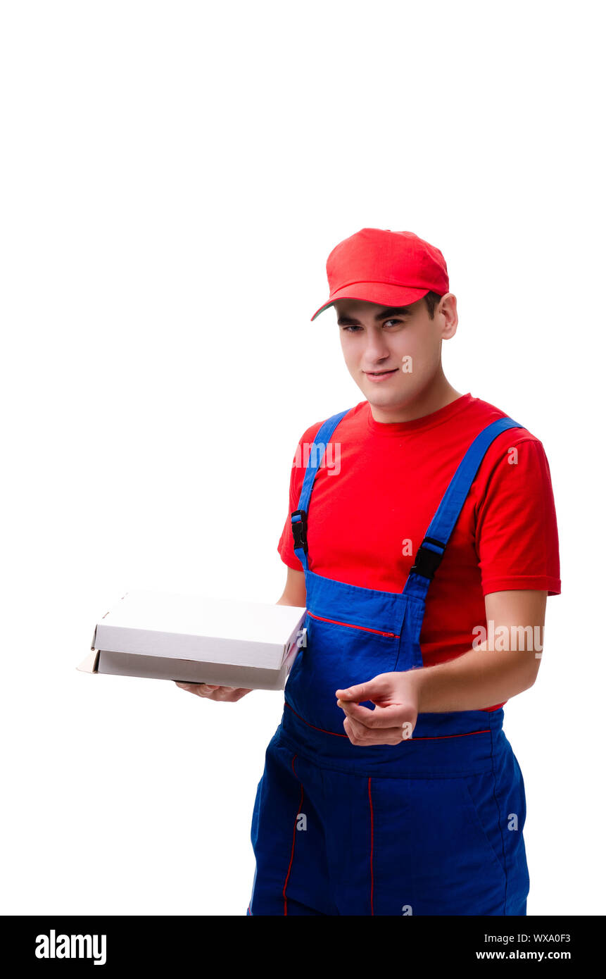 Pizza delivery worker isolated on white Stock Photo - Alamy