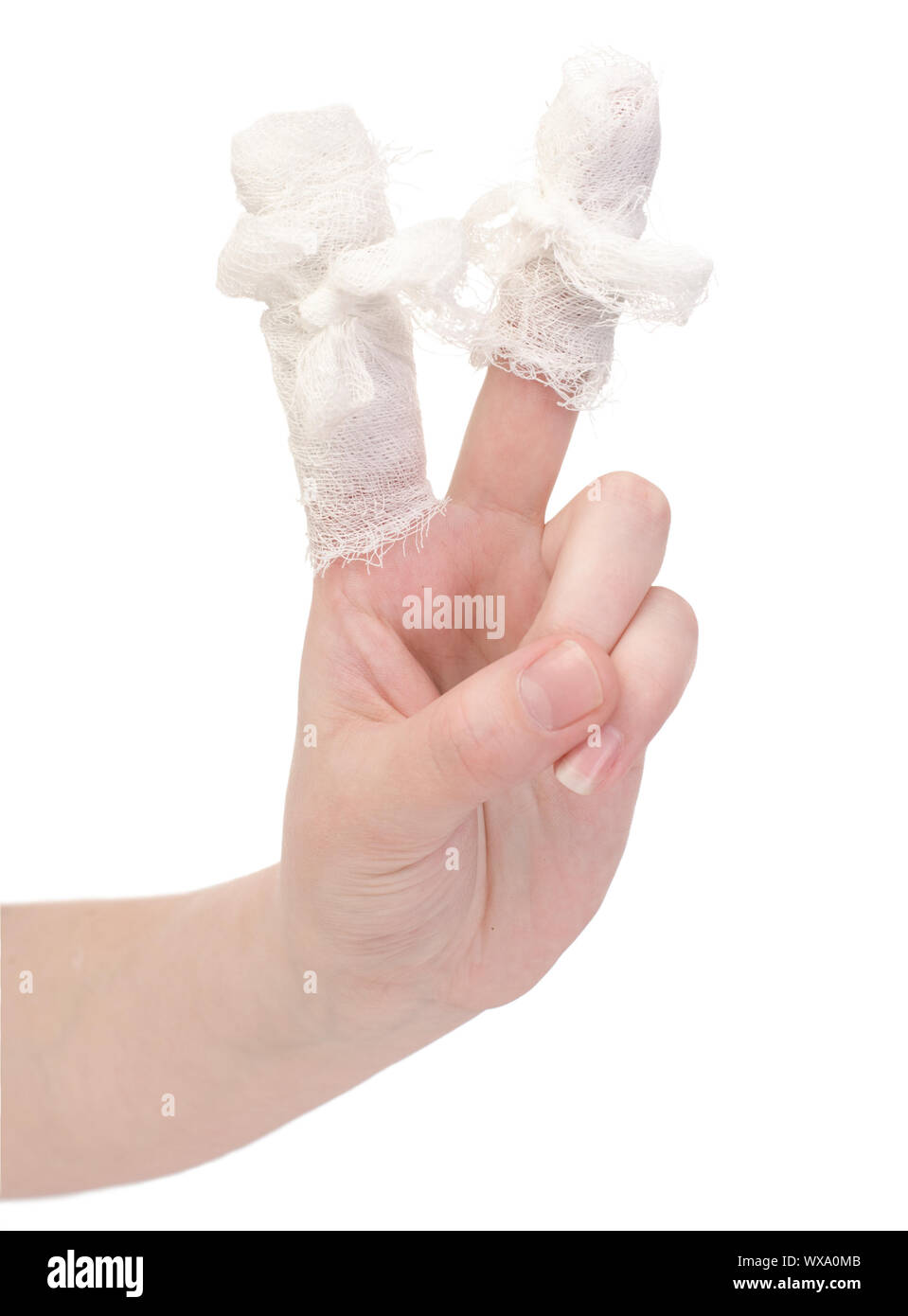 Hand with the bandaged, wounded fingers on a white background Stock ...