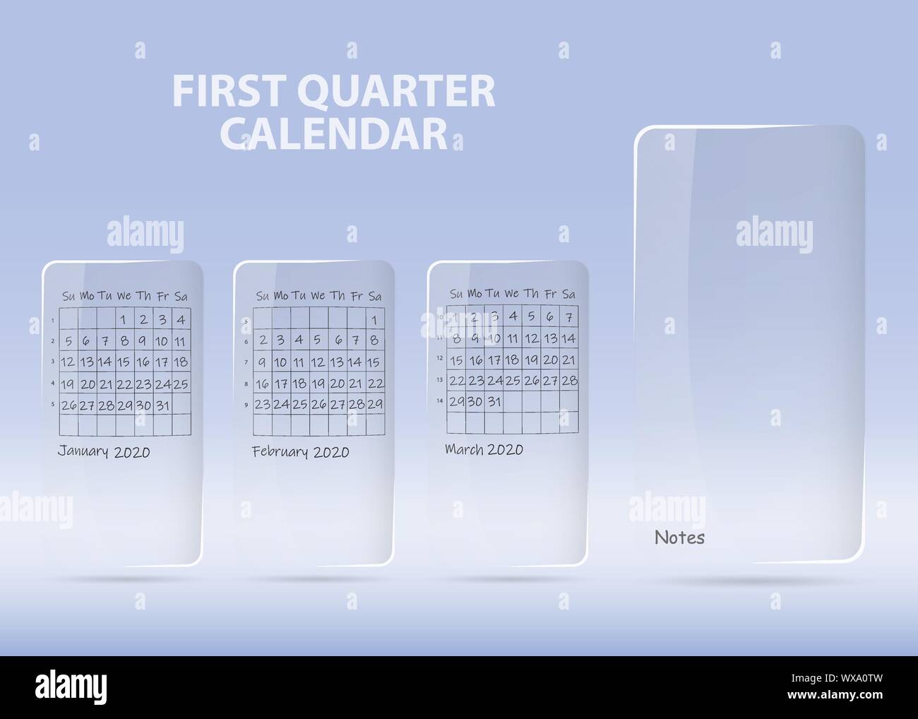 Calendar for first quarter of 2020 year on transparent labels ready for ...