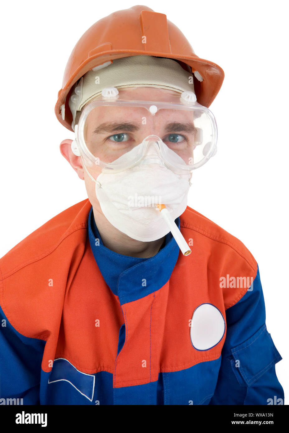 Laborer on the helmet with cigarette on a white background Stock Photo ...