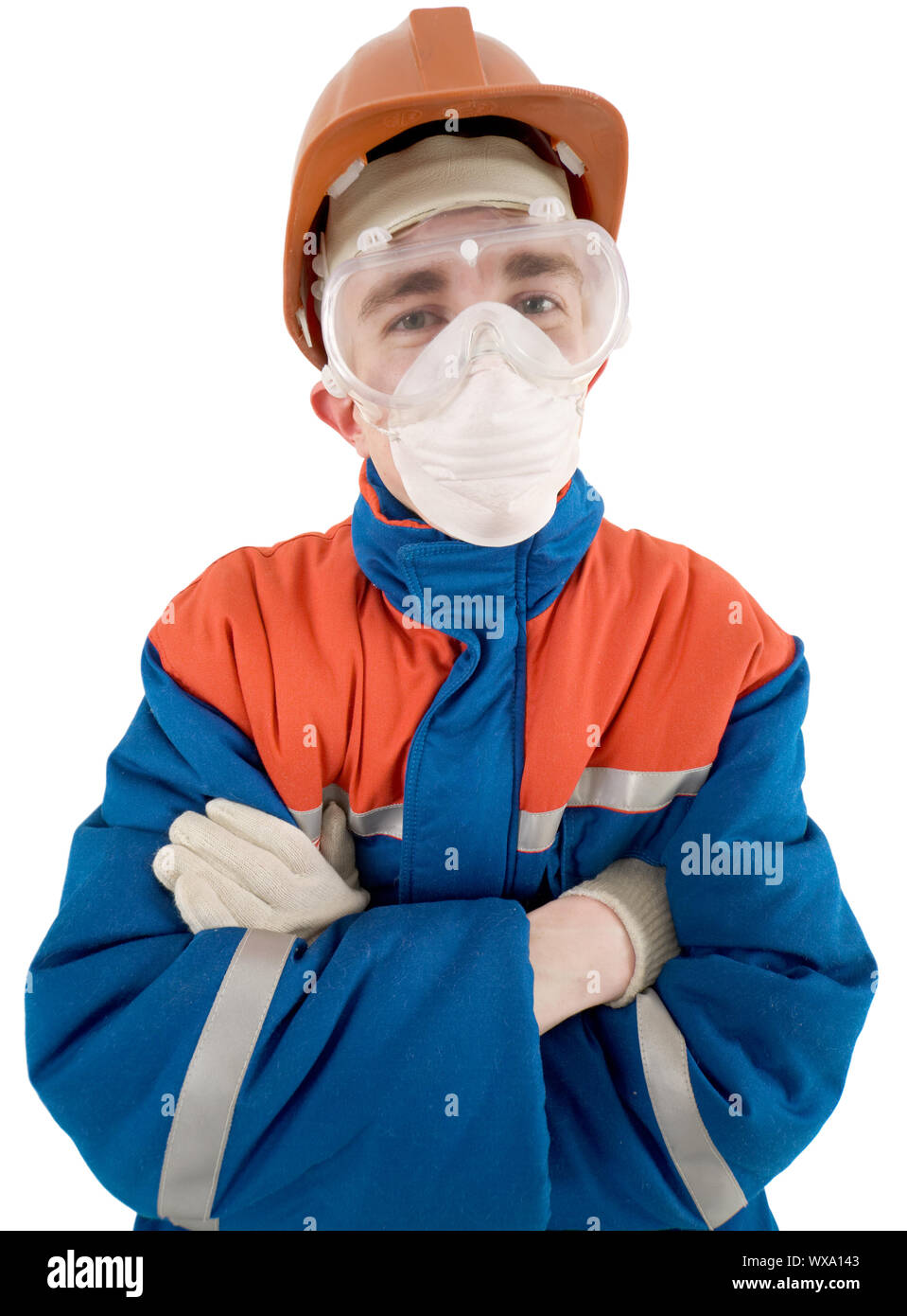 Laborer on the helmet and respirator on a white background Stock Photo ...