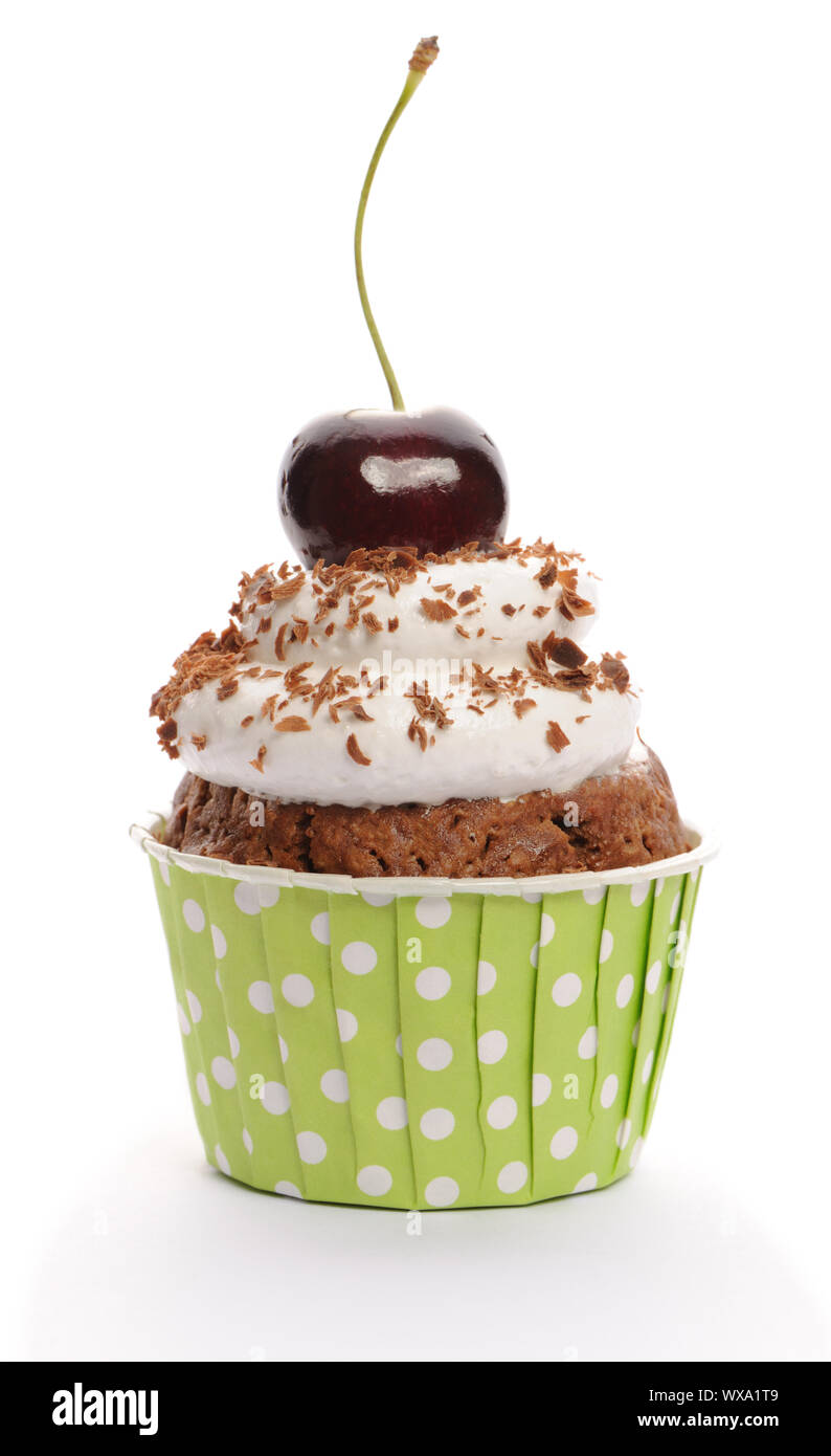 Cupcake with whipped cream and cherry isolated on white Stock Photo - Alamy