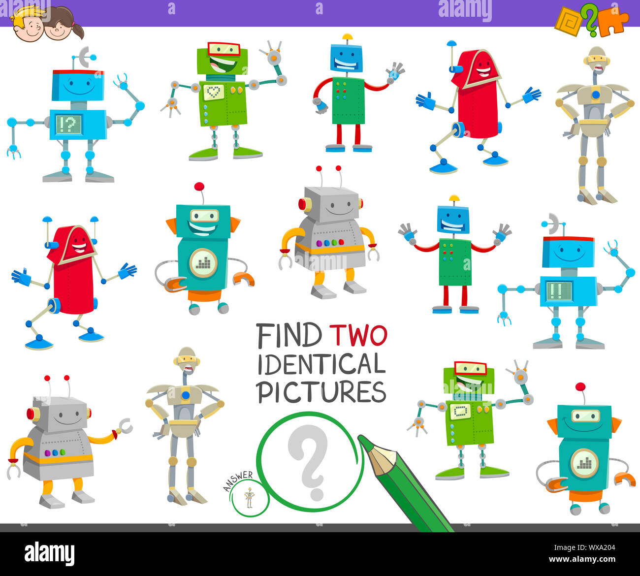 find two identical robots task for children Stock Photo - Alamy