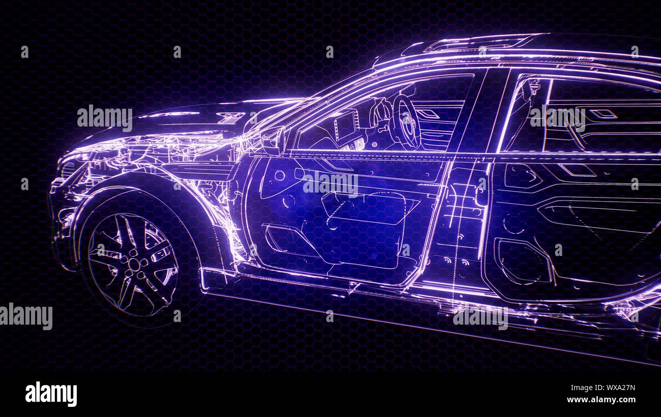 Holographic animation of 3D wireframe car model with engine Stock Photo ...