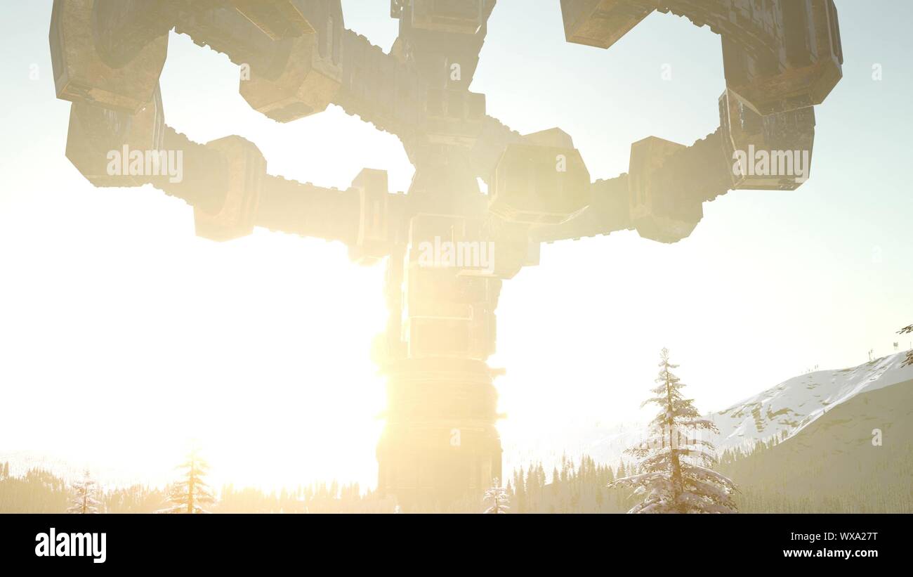 UFO hovering over a forest at sunset with light beam Stock Photo - Alamy