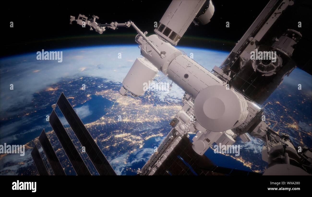 A view of the Earth and a spaceship. ISS is orbiting the Earth Stock ...
