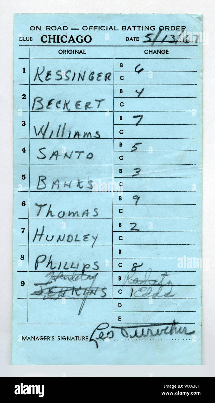 Official Major League lineup card signed by Chicago Cubs manager Leo ...