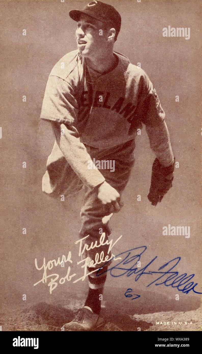 Vintage autographed baseball card of Hall of Fame pitcher Bob Feller ...