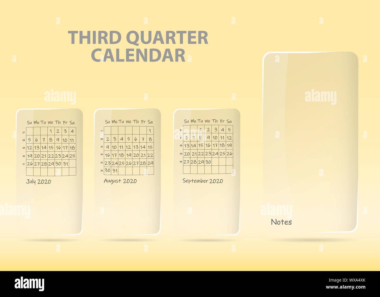 Calendar for third quarter of 2020 year on transparent labels ready for ...