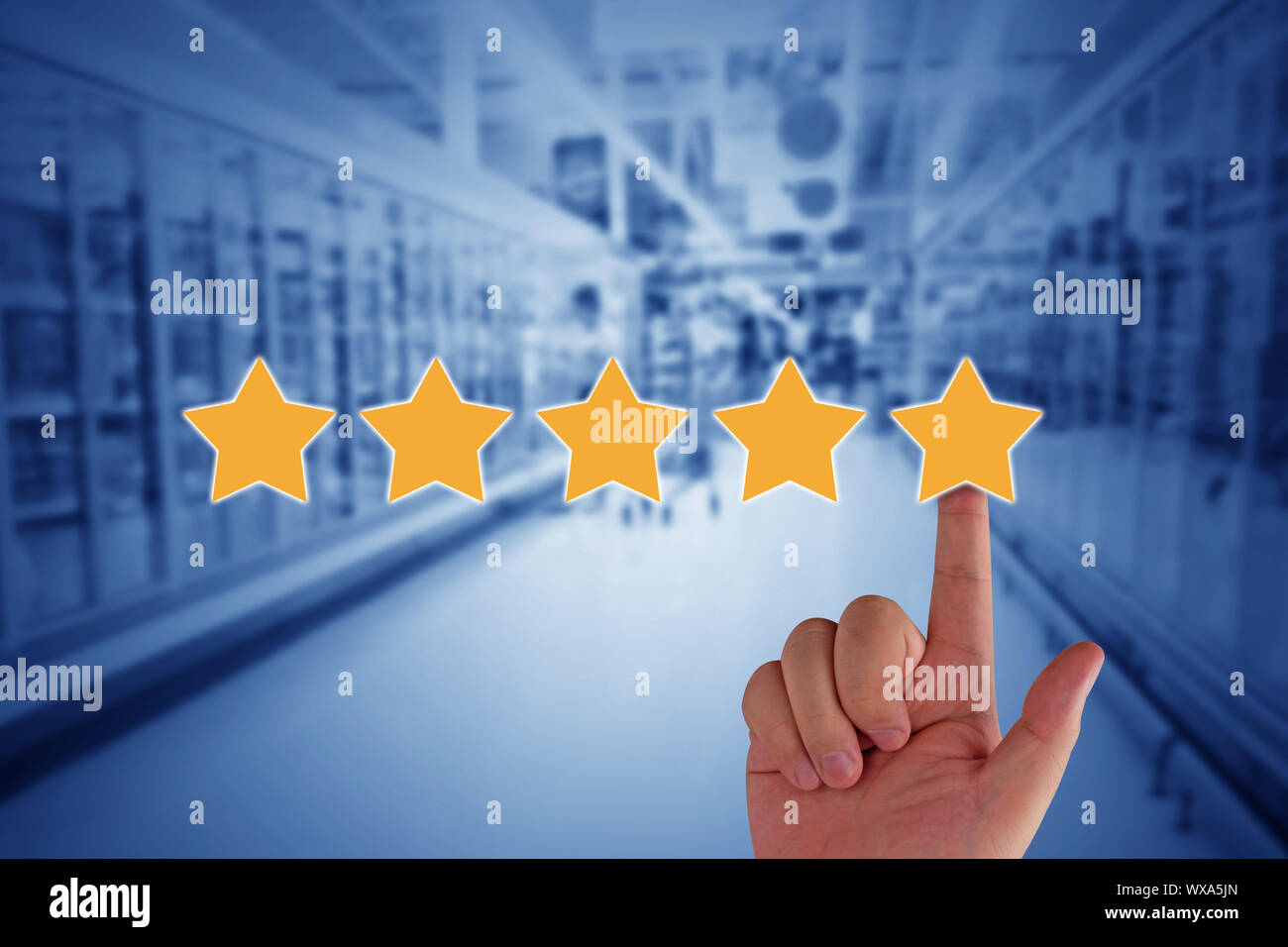 Customer experience concept, service rating on blue background, hand ...