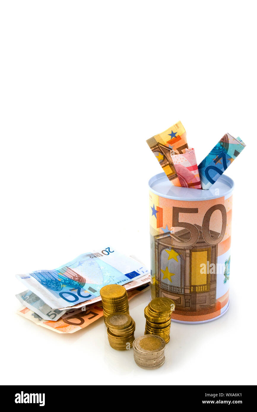 Saving money euros in the euro tin Stock Photo - Alamy