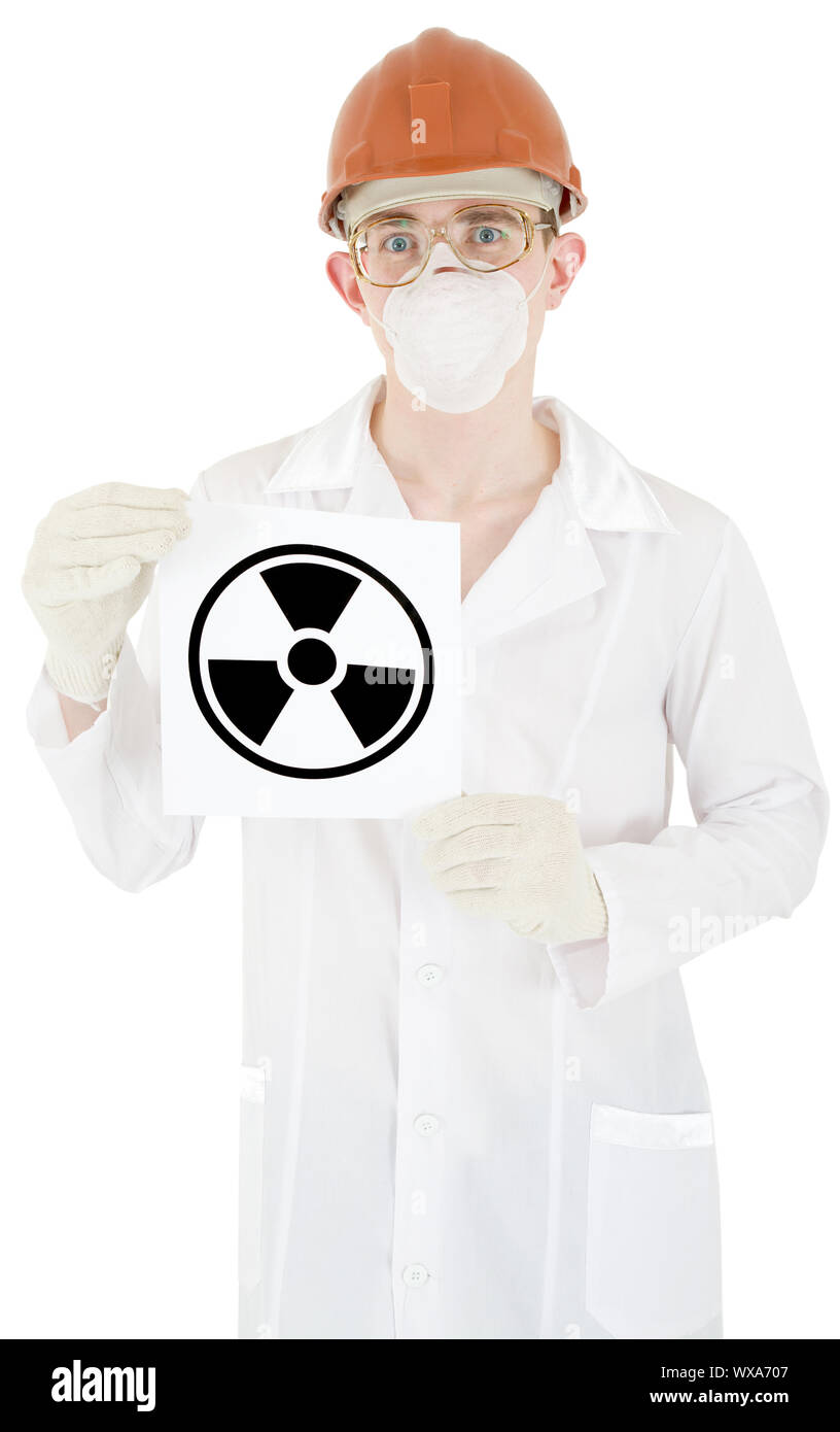 Scientist and sign radiation on the white background Stock Photo - Alamy