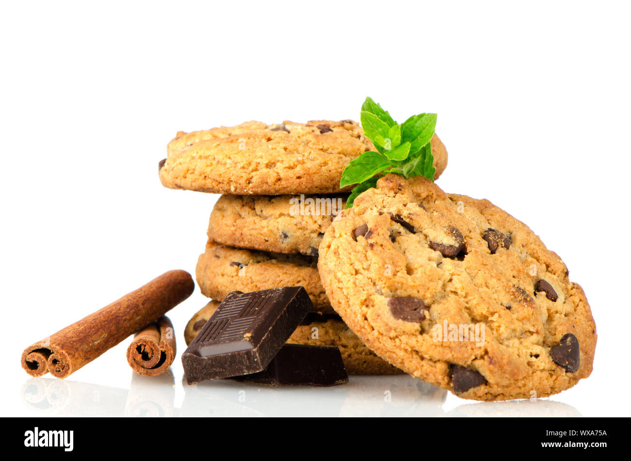 Chocolate chip cookies with chocolate parts isolated on white ...
