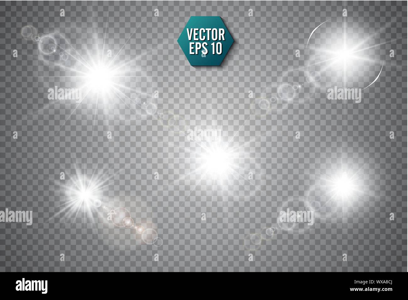 Set of white glowing lights effects isolated on transparent background. Sun flash with rays and ...
