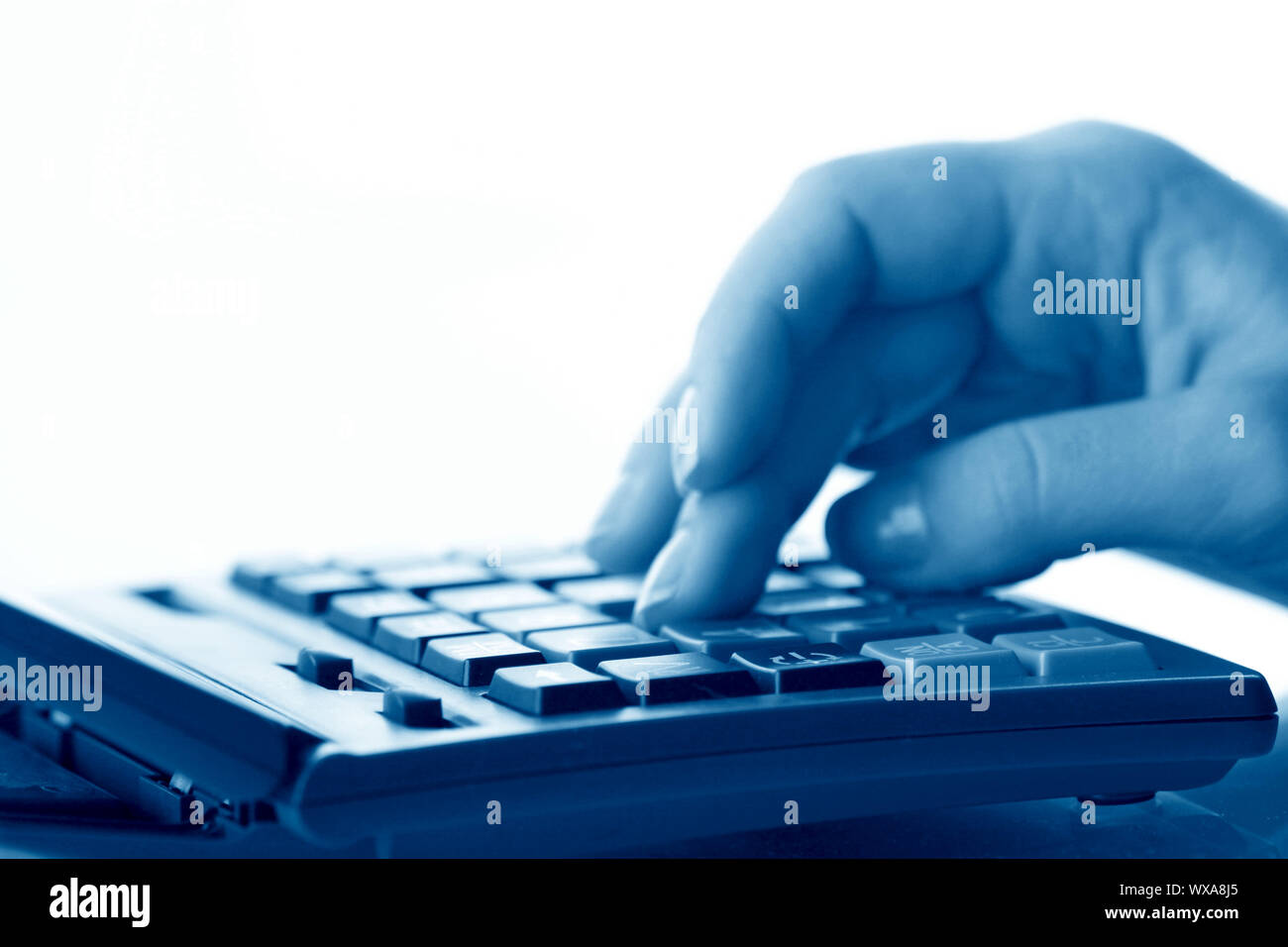 girl hand calculate on white background Stock Photo - Alamy