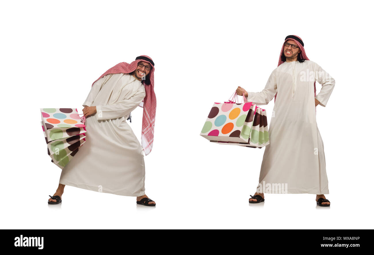 Arab man with shopping bags on white Stock Photo - Alamy