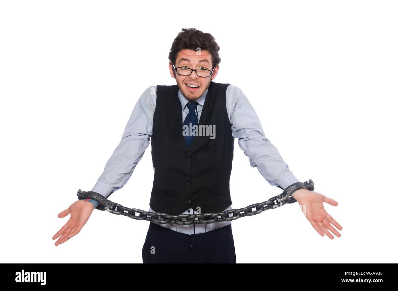 Chained male employee isolated on white Stock Photo - Alamy