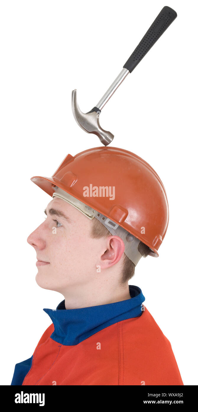 Laborer on the helmet with hammer on a white background Stock Photo - Alamy