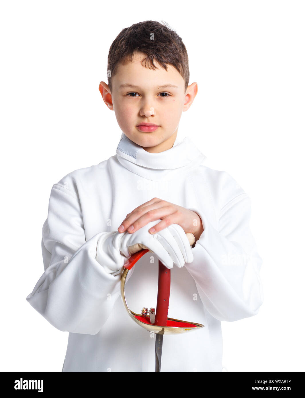 Portrait of child epee fencing lunge. Isolated on white background ...