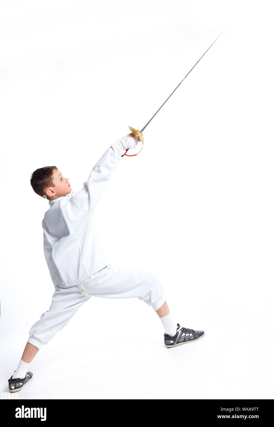 Child epee fencing lunge. Isolated on white background Stock Photo - Alamy
