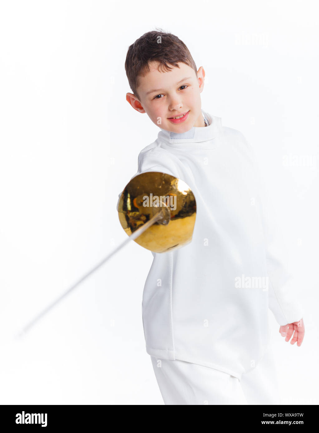 Child epee fencing lunge. Pose attack. Isolated on white background ...