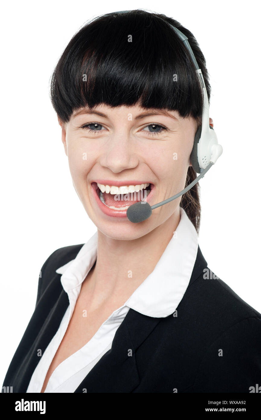 Close up portrait of customer service operator laughing and enjoying ...