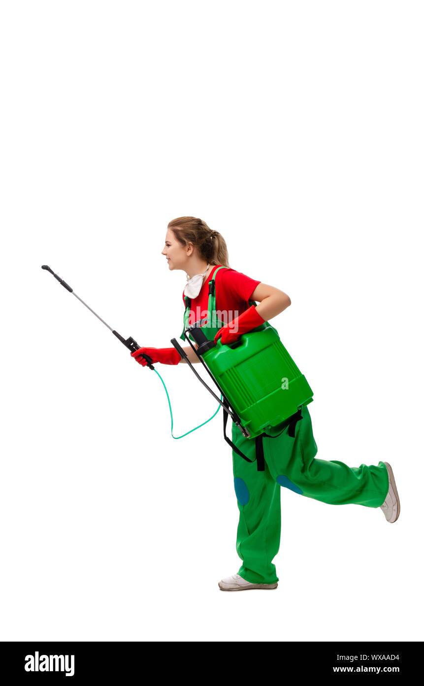 Female pest control contractor isolated on white Stock Photo - Alamy