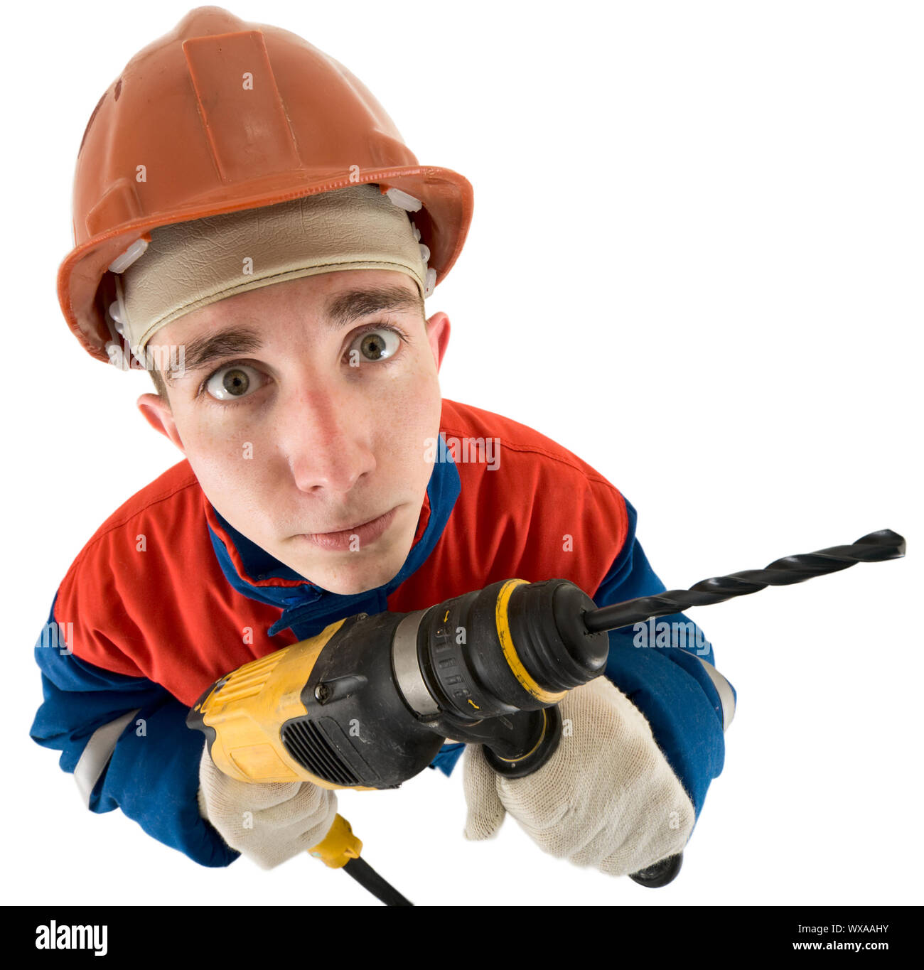 Laborer on the helmet with drill on a white background Stock Photo - Alamy