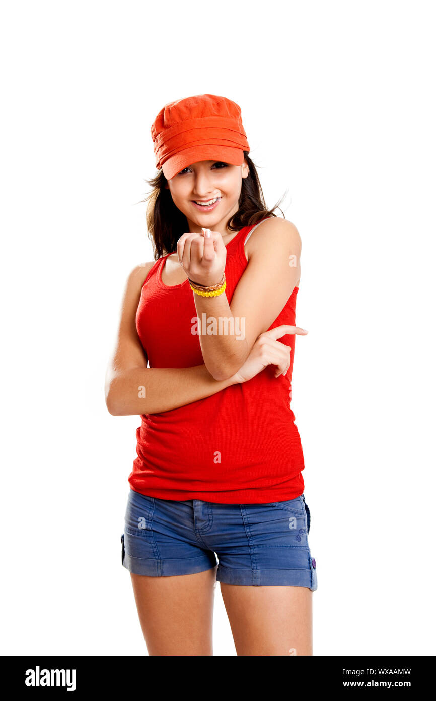 Beautiful and happy young girl calling someone, isolated on white Stock ...