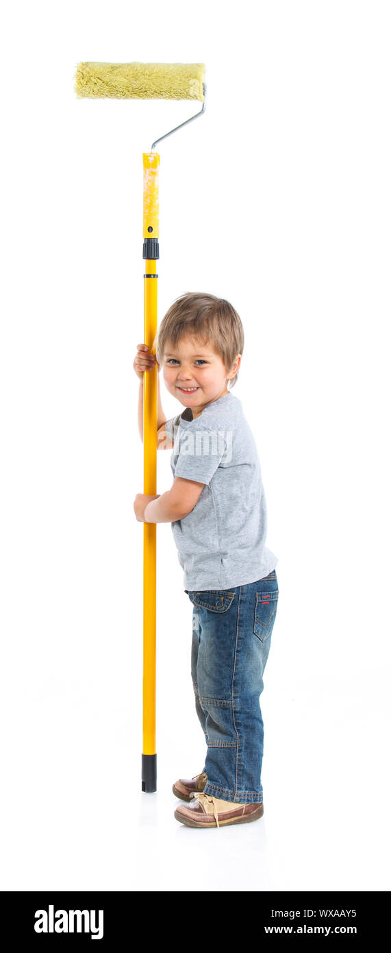 Cute little boy with brick. Isolated white backround Stock Photo - Alamy