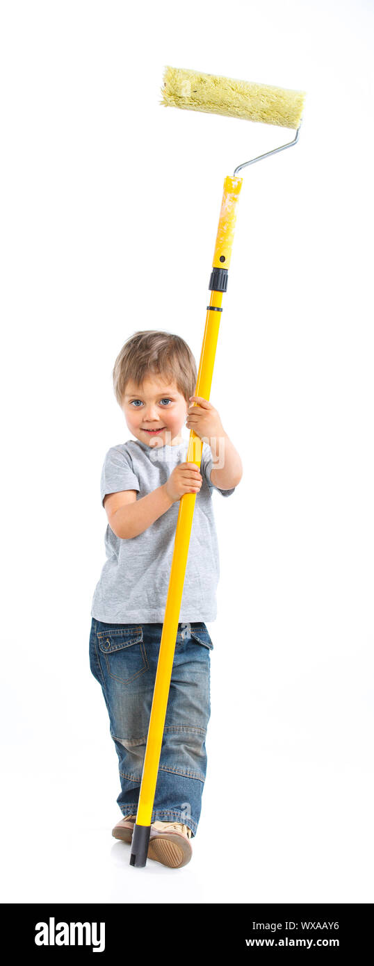 Cute little boy with brick. Isolated white backround Stock Photo - Alamy