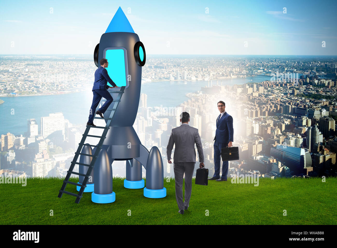 Young businessman boarding space rocket in start-up concept Stock Photo ...
