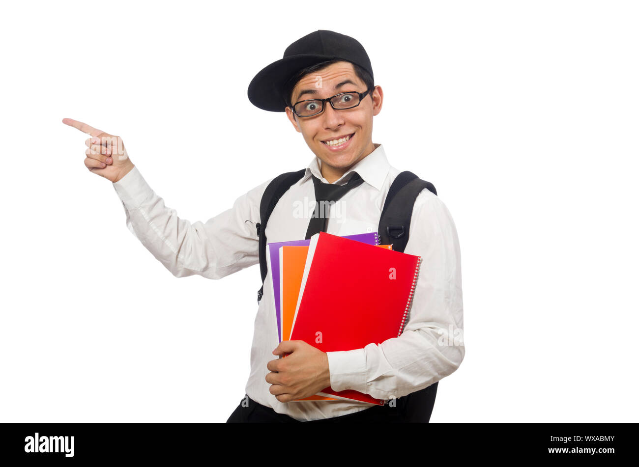 Male student holding notes isolated on white Stock Photo - Alamy