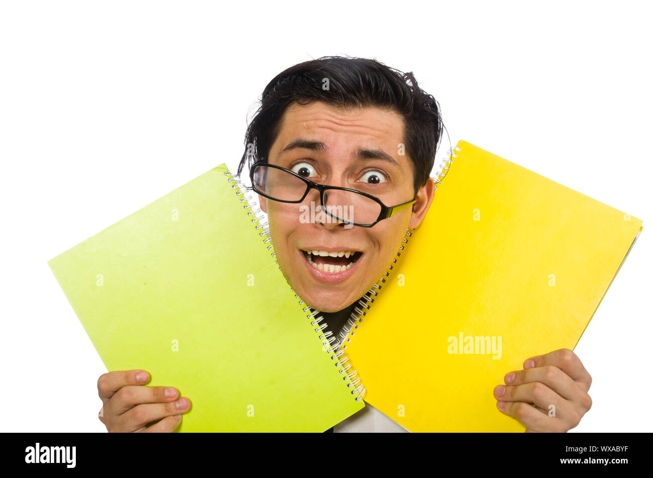 Male student holding notes isolated on white Stock Photo - Alamy