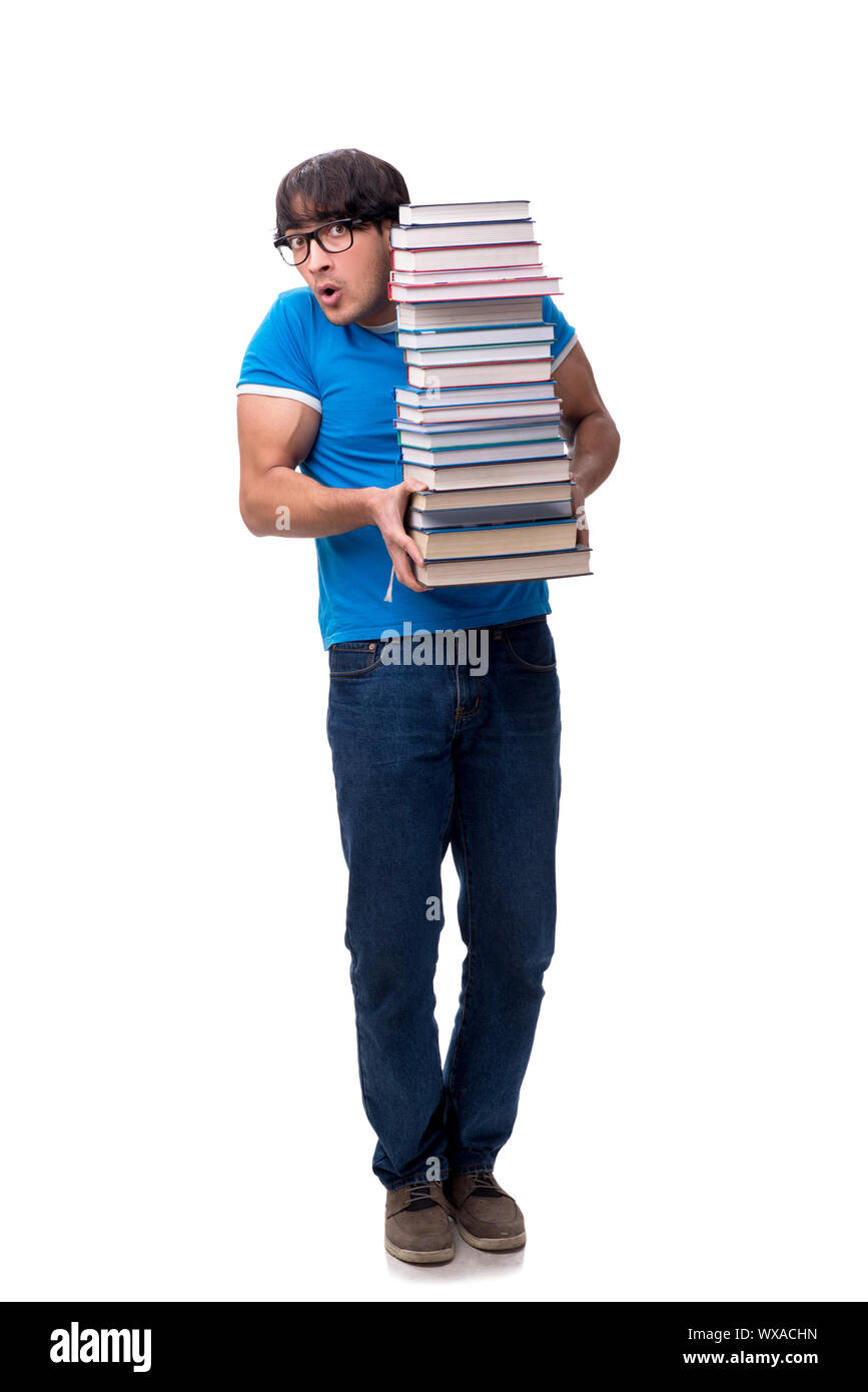 Male student with many books isolated on white Stock Photo - Alamy