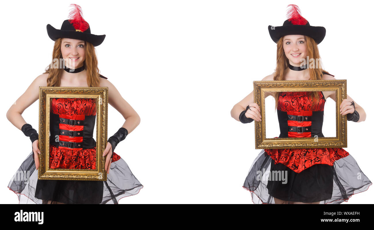 Woman pirate with picture frame isolated on white Stock Photo - Alamy