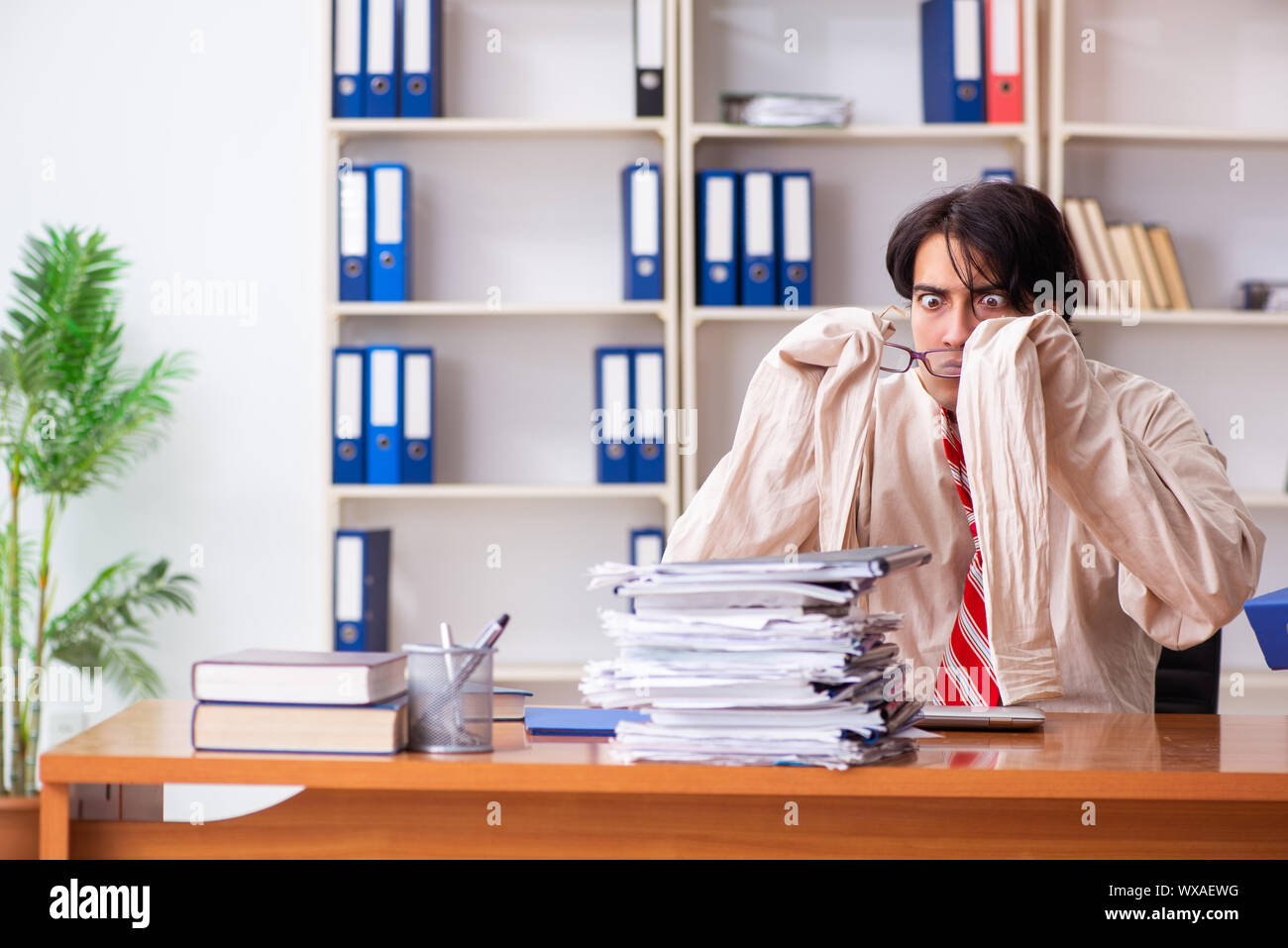 Crazy young man in straitjacket at the office Stock Photo - Alamy