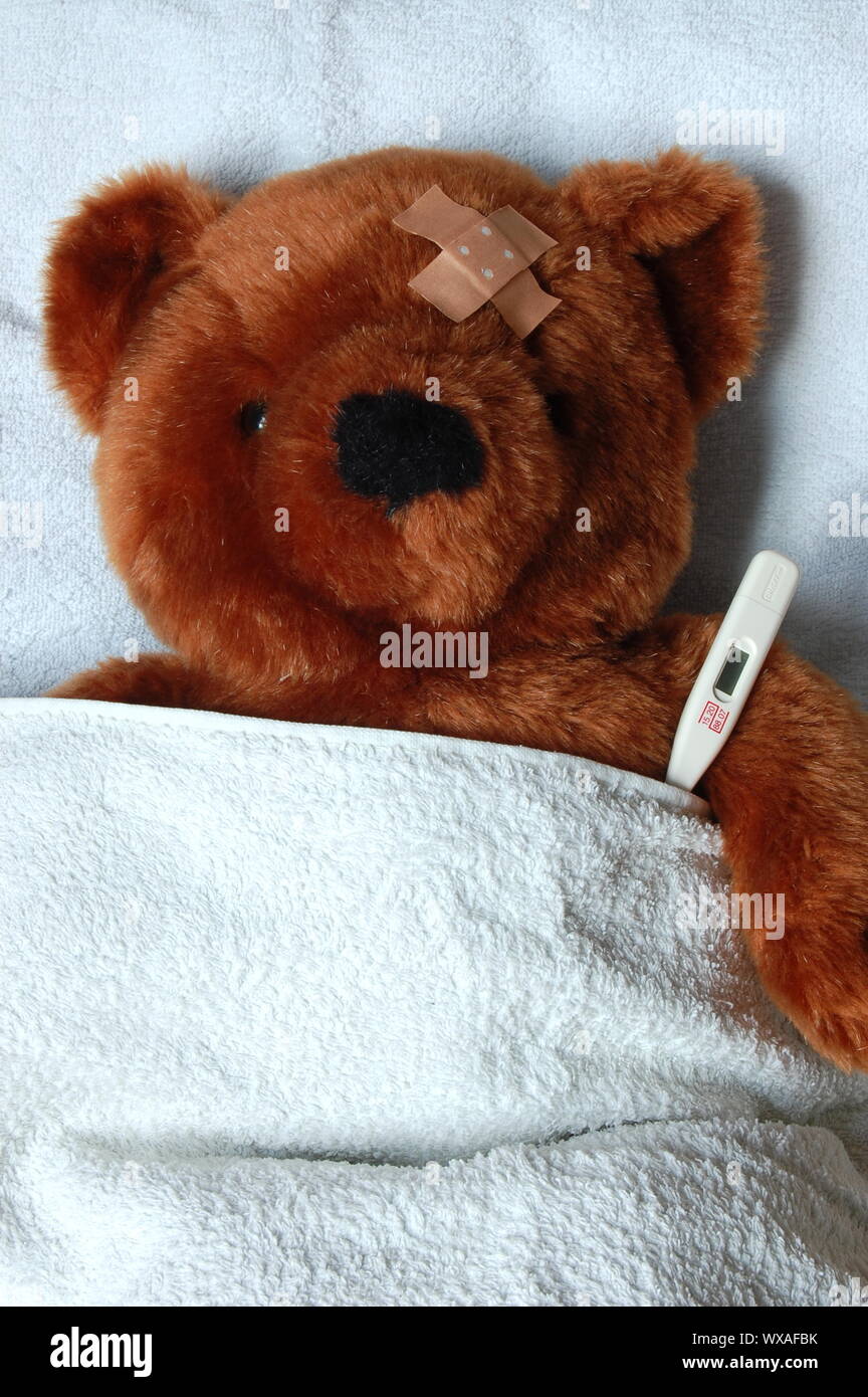 sick teddy bear with injury in a bed in the hospital Stock Photo - Alamy