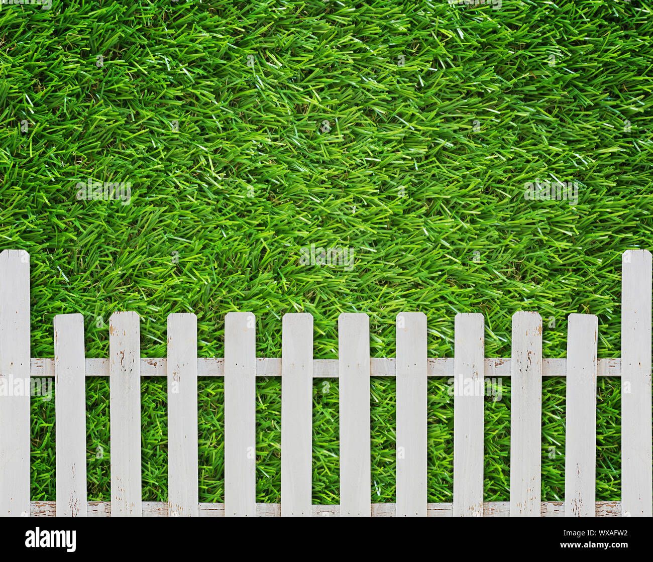 Security concept, white fence on green grass background, protection and ...