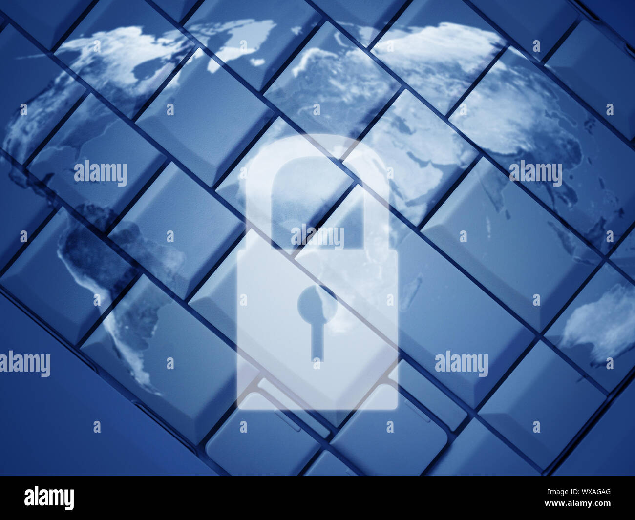 Internet security concept, key on world map blue background, network ...