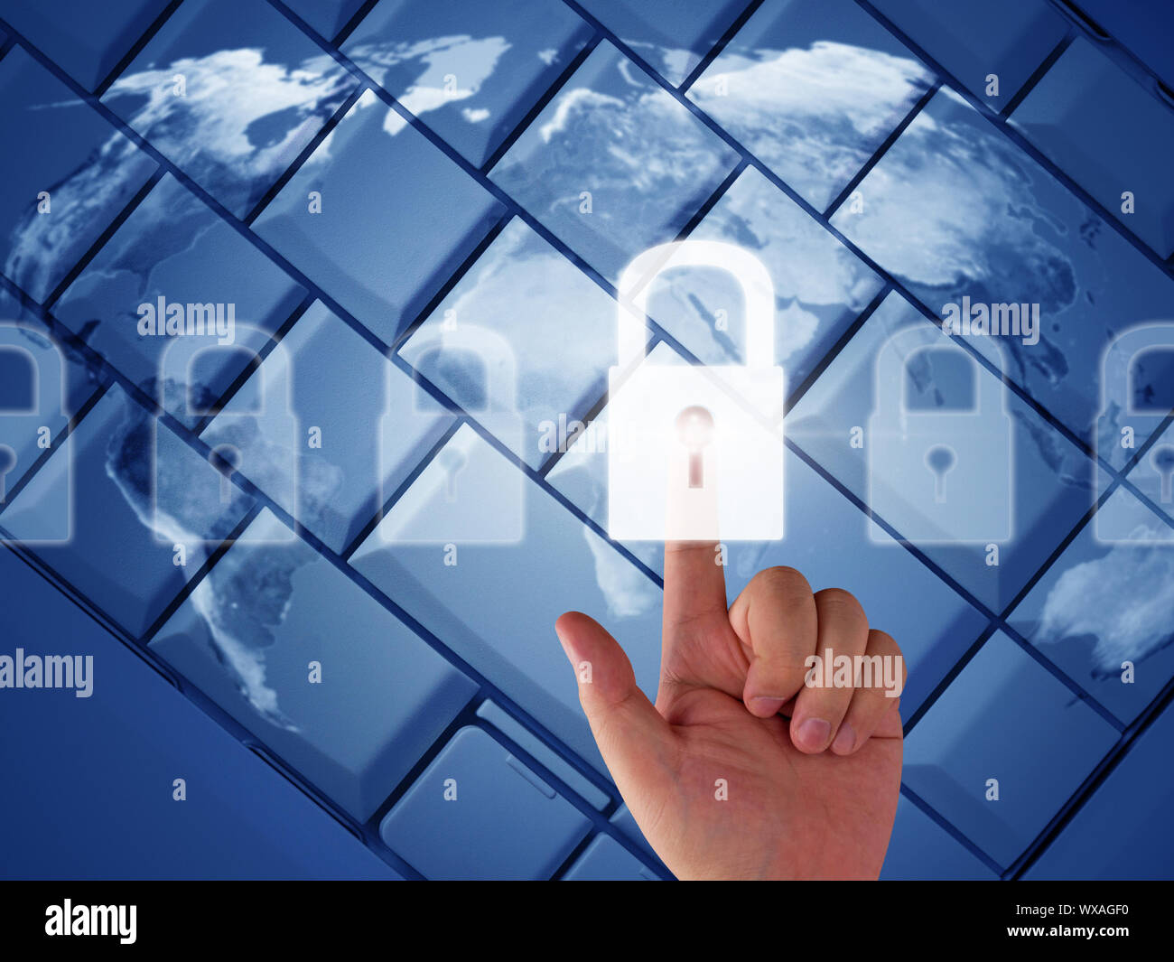 Internet security concept, hand and key on world map blue background ...