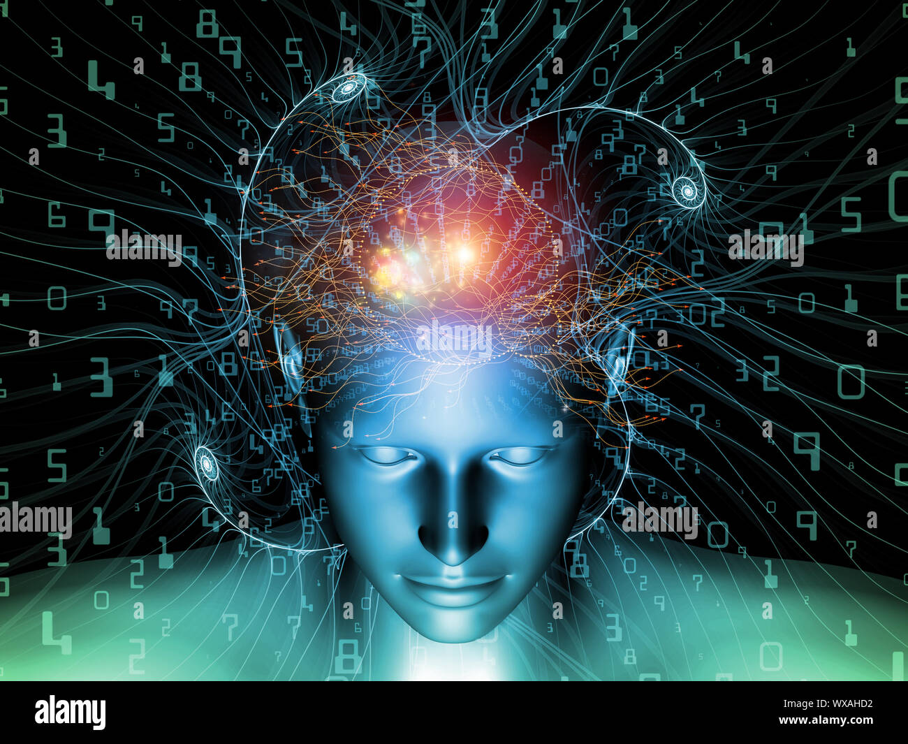 Composition of human head, fractal grids and numbers suitable as a ...