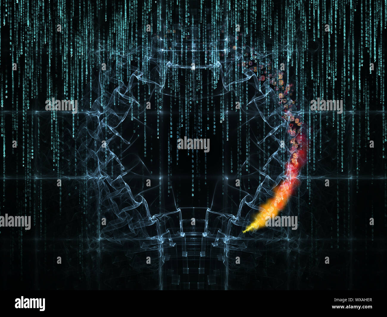 Arrangement of matrix of numbers, fractal perspective grids and lights ...