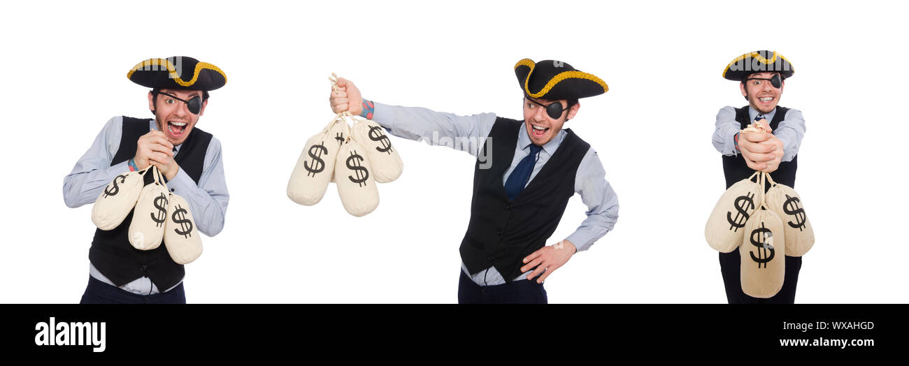 One-eyed man with moneybags isolated on white Stock Photo - Alamy