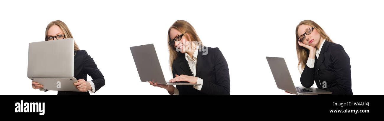 Pretty office employee with laptop isolated on white Stock Photo - Alamy