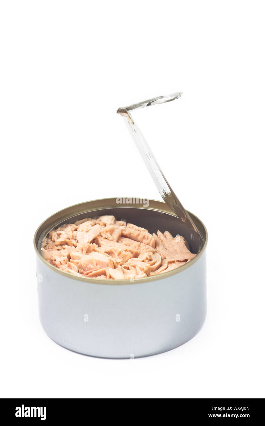 Tuna in opened can on white isolated Stock Photo - Alamy