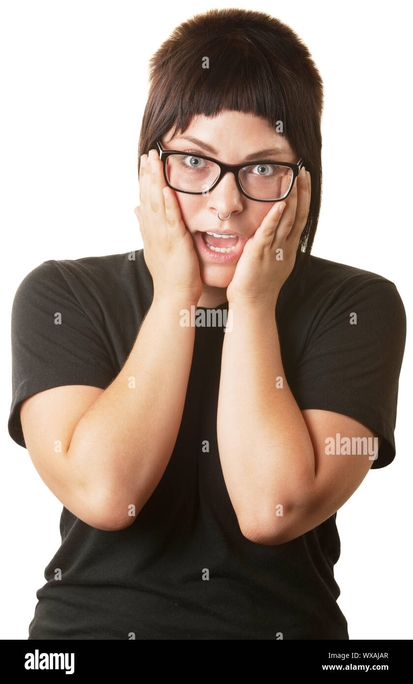 Overwhelmed young woman with hands on cheeks Stock Photo - Alamy Overwhelmed young woman with hands on cheeks Stock Photo - Alamy