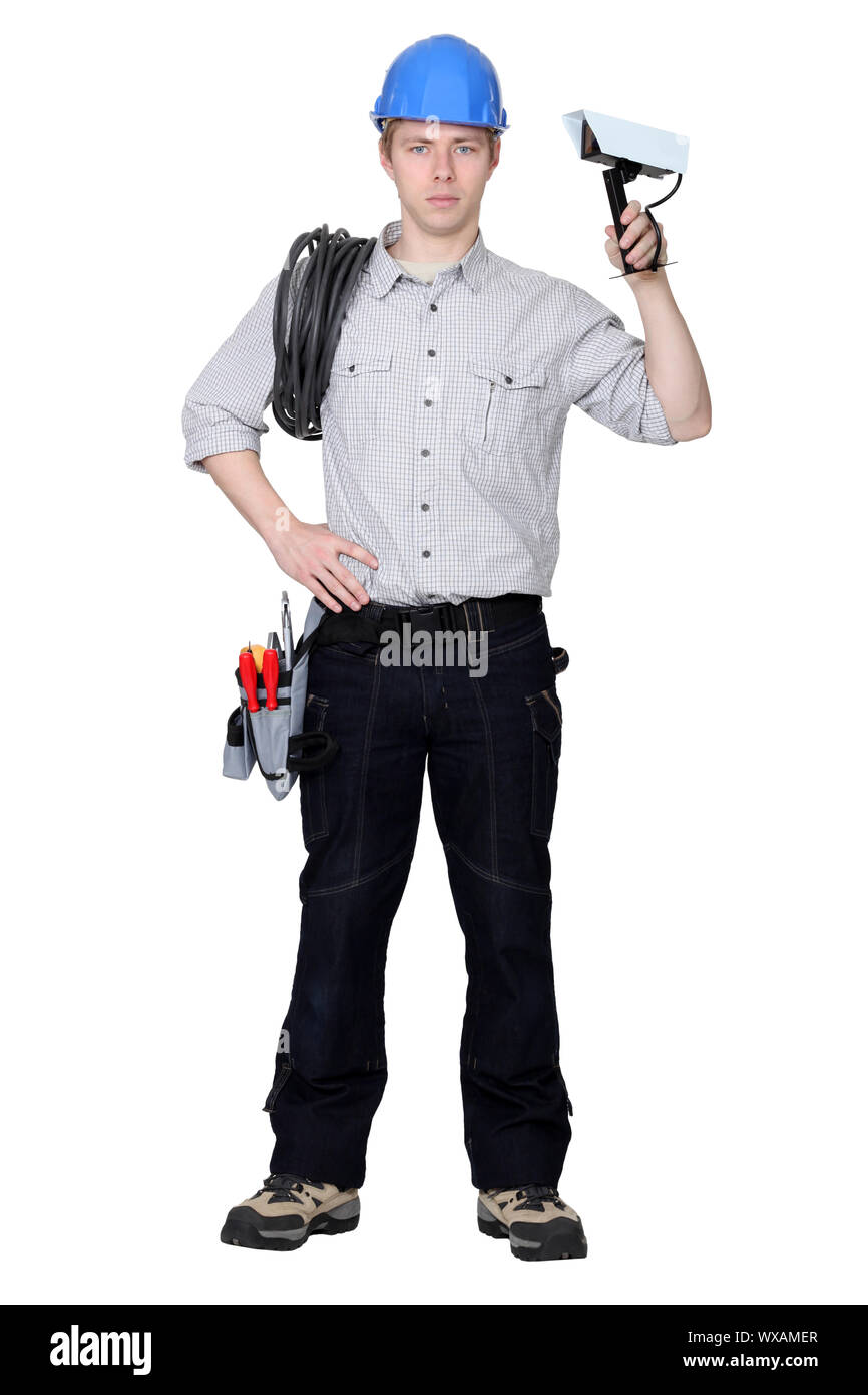 Electrician installing CCTV system Stock Photo - Alamy