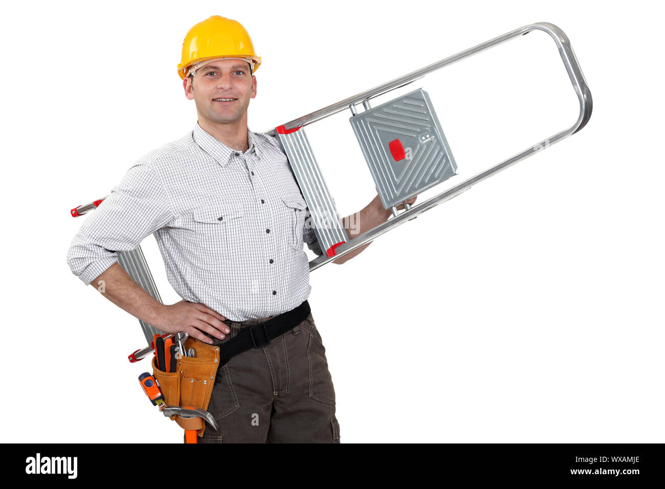 Worker carrying ladder Stock Photo - Alamy
